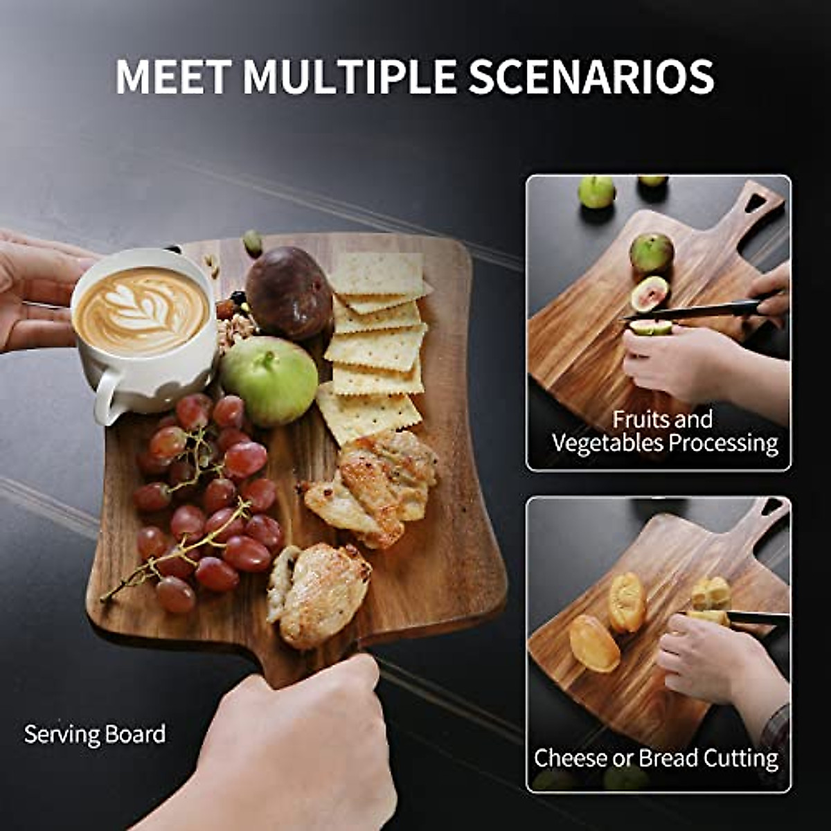 YUSOTAN Acacia Wood Cutting Board for Kitchen,14" x 8.5" Cutting Board with Handle, Charcuterie Paddle, Chopping Board for Meat, Cheese, Bread, Vegetables, Fruits for Kitchen