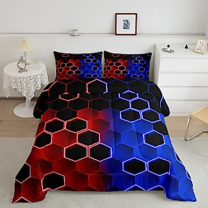 Hexagonal Comforter Set for Kids Boys Girls Honeycomb Comforter Queen Size Geometry Ombre Red Blue Bedding Set Decor Beehive Duvet Set Simplistic Quilt 3Pcs Boys