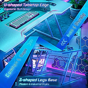 Gaming Computer Desk with Storage Shelves & Z-Shaped Legs, White Gaming Desk with Hutch and LED Lights, Reversible PC Gaming Desk with Pegboard for Bedroom & Small Spaces, Carbon Fiber Surface, 47''