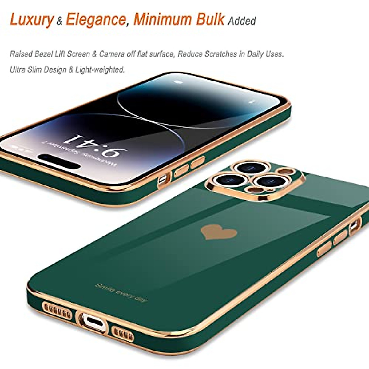 Teageo iPhone 14 Pro Case - Luxury Love Heart Design, Bling Back Cover, Camera Protection, Shockproof, Blackish Green