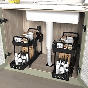 Botion 2 Pack Double-Layer Under Sink Organizer for Efficiently Utilizing Space, High Capacity and Space Saving, 2 Tier Sliding Under Sink Shelf with 4 Hooks and a Cup Slot(Black)