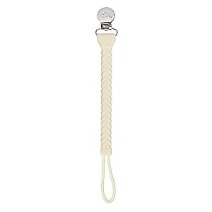 Itzy Ritzy Silicone Pacifier Clip; 100% Silicone Pacifier Strap with Clip Keeps Pacifiers, Teethers & Small Toys in Place; Features Cute Braid Detailing & Silicone Cord, Buttercream with Silver Clip