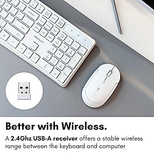 Macally Wireless Keyboard, 2.4G Wireless White Keyboard - Ergonomic Full Size Computer Keyboard with Numeric Keypad for Laptop, Desktop, Surface, Chromebook, Notebook
