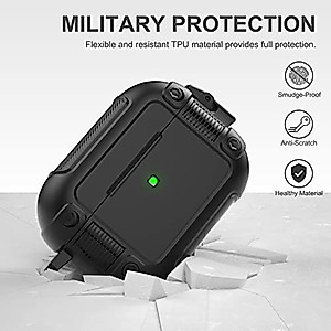 Winproo Armor Airpods Pro Case Cover with Lock Clip, Military Hard Shell Full-Body Shockproof Protective Case Skin with Keychain for Airpods Pro [Black]
