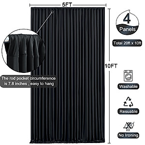 4 Panels Black Backdrop Curtain for Parties Wrinkle Free Black Photo Curtains Backdrop Drapes Fabric Decoration for Birthday Party Wedding 20ft(W) x 10ft(H)