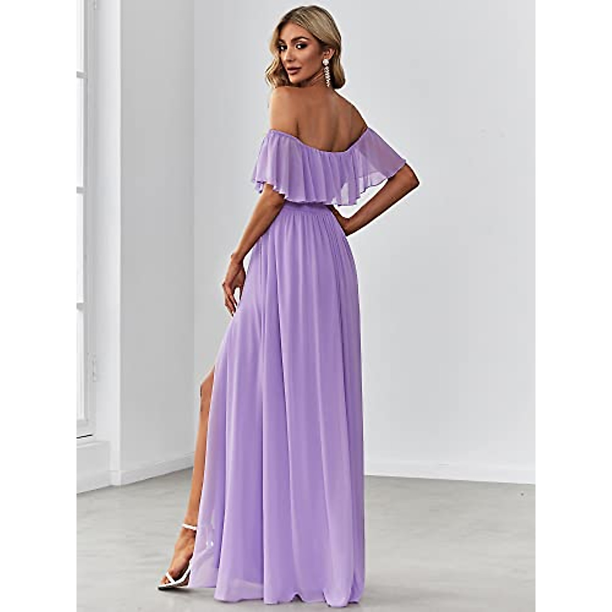 Ever-Pretty Womens Off-Shoulder Long A-line Side Slit Formal Prom Dresses with Sleeves Lavender US12