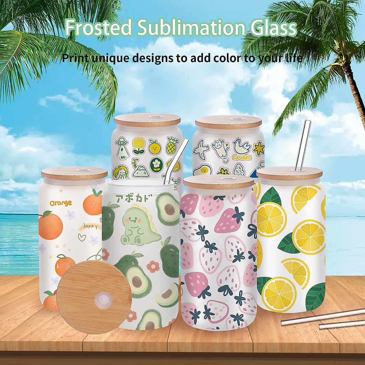 ktondic 6 Pack Sublimation Glass Cans Blanks Frosted, 16 OZ Sublimation Beer Tumblers with Lid and Straws,Frosted Glass CupsIce Coffee Cups for Juice Soda Cocktail
