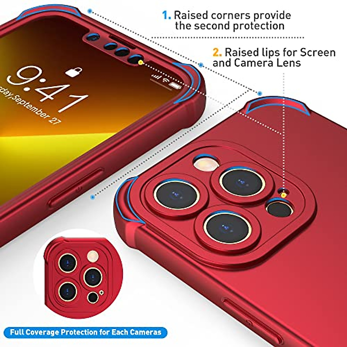 ORETECH for iPhone 13 Pro Max Case, with [2 x Screen Protectors] [15 Ft Military Grade Drop Test] [Camera Protection] 360° Shockproof Slim Thin Phone Case for iPhone 13 Pro Max Cover 6.7" - Red