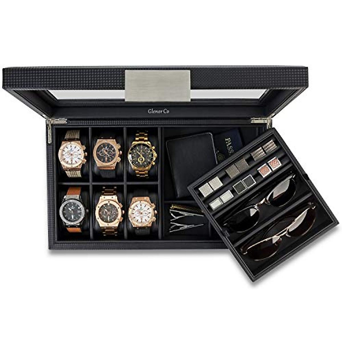 Glenor Co Valet Jewelry Box for Men - Holds 6 Watches, 12 cufflinks, 2 Sunglasses & Tray Storage - Mens Watch Case - CarbonFiber Organizer w Metal Accents, PU Leather & Large Glass Lid - Black
