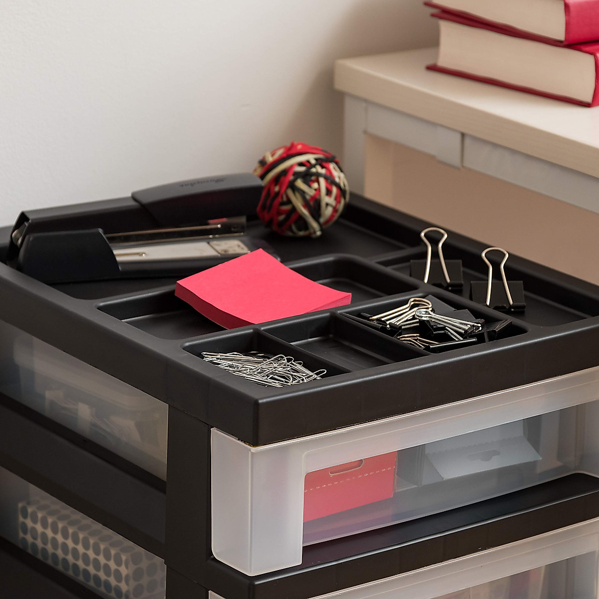 IRIS USA MC-360-TOP Plastic Storage Drawer, Rolling Cart with Organizer Top, 6 BLK CLR, Black