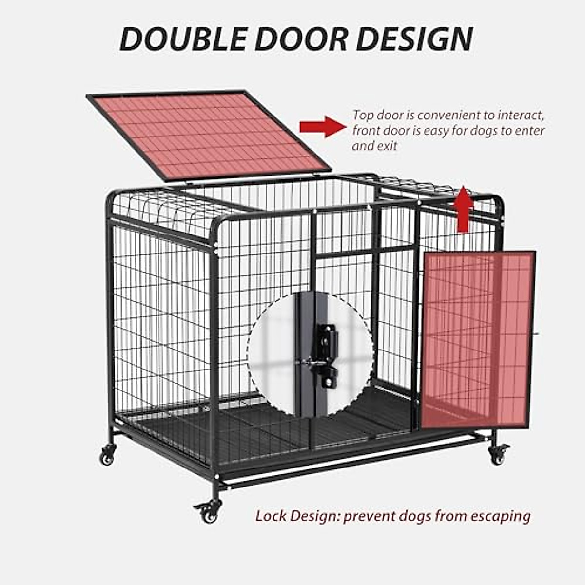 Azaeahom 49" Heavy Duty Dog Crate for Large Dogs, Extra Large Dog Cage Kennel with Double Door, 360°Lockable Wheels, Removable Tray for Easy Cleaning, Indoor/Outdoor
