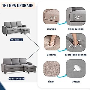 JY QAQA Convertible Sectional Sofa Couch,78’’ L-Shaped Couch with Modern Linen Fabric 3-Seat Wide Reversible Chaise for Small Space(Light Grey)