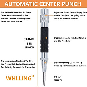 2-Piece Automatic Center Punch, 5 inch Spring Loaded Center Hole Punch with Adjustable Stroke Punch Tool for Metal Wood Glass Plastic, Metal Punch Tool for Woodworking