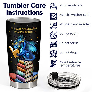 34HD Book Dragon Tumbler with Lid, 20oz Stainless Steel Vacuum Insulated Dragon Coffee Mug, Book Lover Gifts for Birthday Christmas Back To School, Bookworm Gifts for Women, Bookish Items