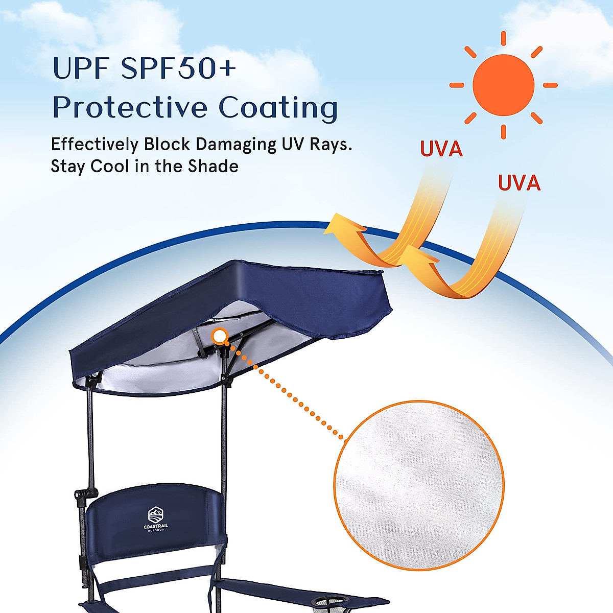 Coastrail Outdoor Canopy Camping Chair Multi-Position Adjustable Folding Shade Chair SPF 50+ Sun Protection with Cup Holder & Storage Pockets, Patio, Blue,Extra Large