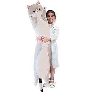 Giant Cat Pillow Plush Cartoon Kitty Sleeping Hugging Pillow, Cuddly Soft Long Kitten Body Pillow Doll Cat Cushion Toy for Kids Girlfriend (Gray, 130cm/51.18inch)