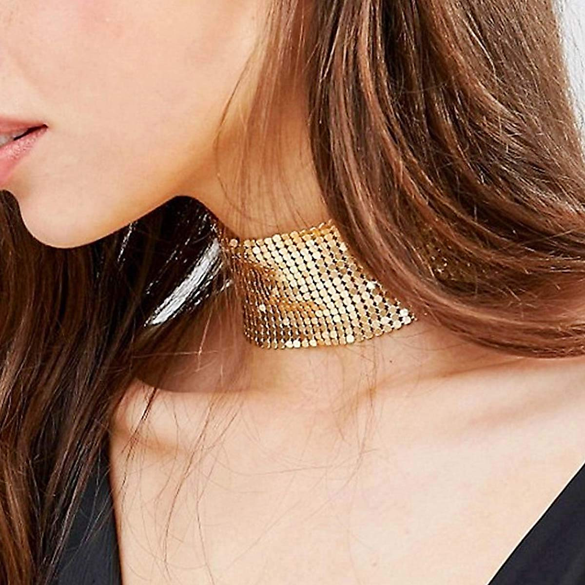 Masiter Sparkly Sequin Mesh Necklace Adjustable Gold Choker Chain Party Costume Jewelry for Women