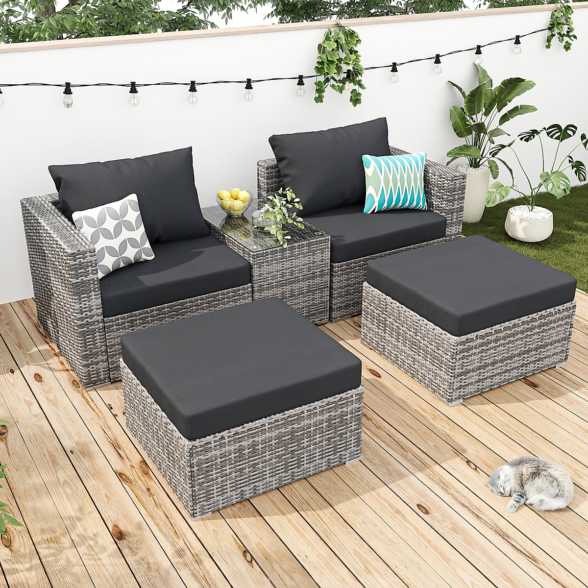 Vimstora 5 Pieces Outdoor Patio Sectional Furniture Set with Ottomans, Wicker Patio Furniture Conversation Sets Sofa for Backyard Garden Balcony Poolside,Waterproof, rain Cover