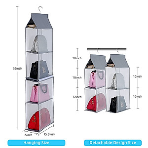 KEEPJOY Detachable Hanging Handbag Purse Organizer for Closet, Purse Bag Storage Holder for Wardrobe Closet with 4 Shelves Space Saving Purse Organizers System (Pack of 2 Grey)