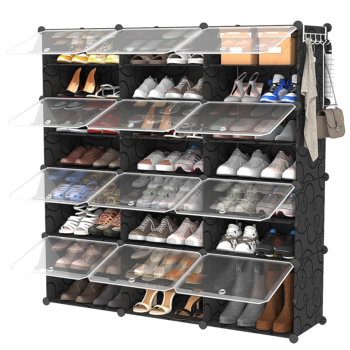 C&AHOME Shoe Rack, 48-Pair 18"x14" Widened Portable Shoe Organizer, 8-Tier Plastic Freestanding Shoe Storage Cabinet, DIY Shoe Shelves with Visualization Doors, 54.6" L × 14.2" W × 56.8" H Black