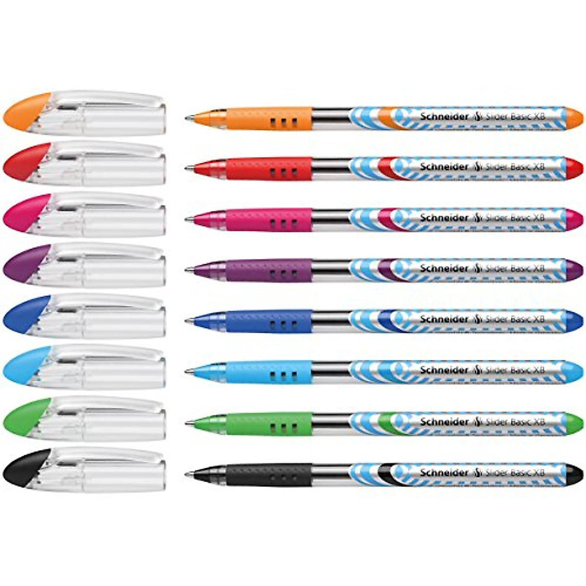 Schneider Slider Basic XB (Extra Broad) Ballpoint Pen, 1.4 mm, Transparent Barrel, Assorted Ink Colors, Pack of 8 Pens (151298)