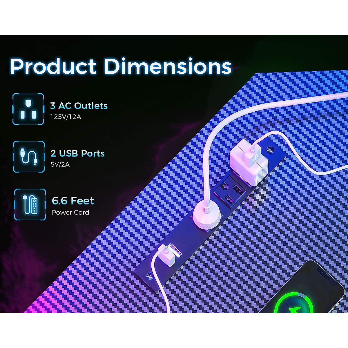 ODK L Shaped Gaming Desk with LED Lights & Power Outlets, 50.8" Computer Desk with Full Monitor Stand, Corner Desk with Cup Holder, Gaming Table with Hooks, Black Carbon Fiber