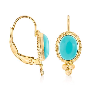 Ross-Simons Turquoise Rope-Edge Earrings in 14kt Yellow Gold