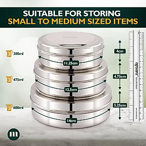 MARU Stainless Steel Airtight Food Storage Containers - Kitchen Set with Lids, Ideal for Flour Storage, Perfect Kitchen Canisters for Food Storage Set of 3Pcs (300ML, 475ML, 600ML)