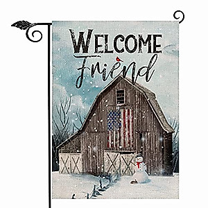 Hzppyz Welcome Friend Winter USA Country Barn Farm Garden Flag Double Sided, Snowman Cardinal Decorative House Yard Outdoor Small Patriotic Decor, Christmas Farmhouse Home Outside Decoration 12 x 18