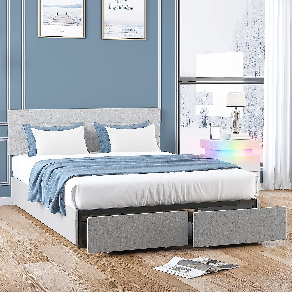 ZAFLY Platform California King Size Bed Frame with Linen Adjustable Headboard,Cal King Bed Frame with 2 Storage Drawers,Wooden Slats Support,No Box Spring Needed,Easy Assembly,Light Grey