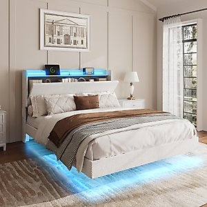 Fameill Full Size Floating Bed Frame with Headboard, Type-C and USB Ports Full Visual Floating Upholstered Platform Bed with Led Lights Lamb Cashmere Bed Frame,No Box Spring Needed,White