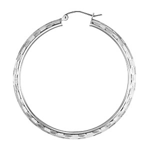 14k REAL White Gold 3mm Thickness Hinged Diamond Cut Hoop Earrings (45 x 45 mm)