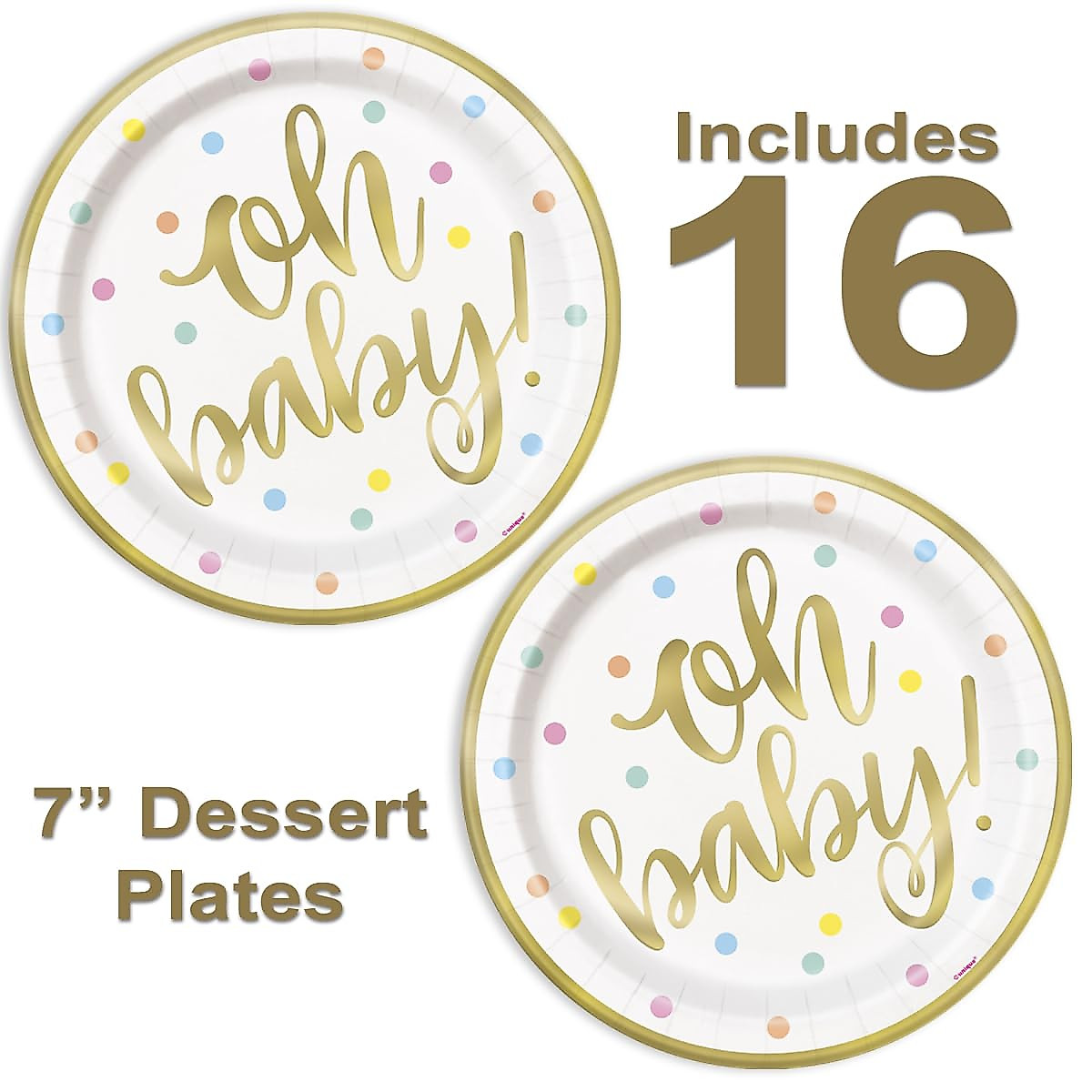 Lobyn Oh Baby Dessert Plates and Napkins - Elegant Gold and White Baby Shower Disposable Set - Cake Plates - 16 Count of 7 Inch Disposable Plates, and 16 Napkins - Baby Shower Plates