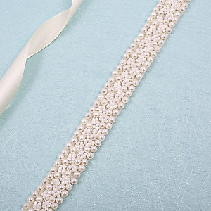 Fubney Crystal Bridal Belt Handmade Pearls Wedding Sash Belts Bridesmaid Sash for Women's Dress (ivory)