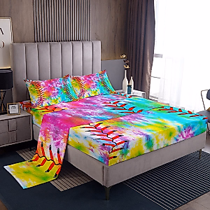 Feelyou Kids Baseball Bedding Set Boys Girls Softball Sports Game Bed Sheet Set Girly Colorful Tie Dye Fitted Sheet Teens Men Baseball Gaming Bed Cover Rainbow Room Decor Twin Size 3Pcs Bedding Sheet