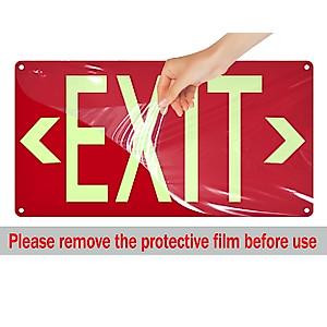 (2 Pack) Photoluminescent Exit Sign Red - with Removable Directional Arrows, With strong self adhesive tape, 14.25 x 7.5 Inches Heavy Duty Aluminum Signs, Fade Resistant
