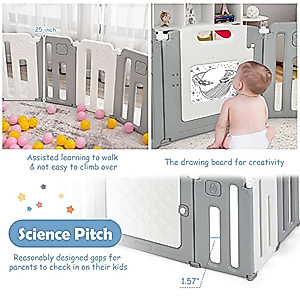 Costzon Baby Playpen, 16-Panel Extra Large Playpen for Babies and Toddlers, Foldable Activity Play Center with Safety Gate, Whiteboard, Indoor and Outdoor Baby Fence NO Gaps for Boys Girls