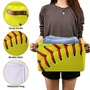 OTVEE Yellow Softball Printed Collapsible Storage Basket with Leather Handles Rectangle Fabric Storage Bin Organizer for Clothes Toy Storage Self Nursery Home Office,1 Piece