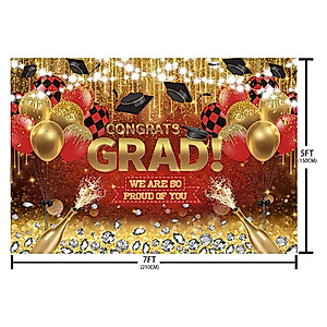 AIBIIN 7x5ft Congrats Grad Backdrop Red Gold Glitter Diamond Graduation Photography Background Class of 2023 Celebration Prom Party Decorations Congratulations on Graduation Banner Photoshoot Props
