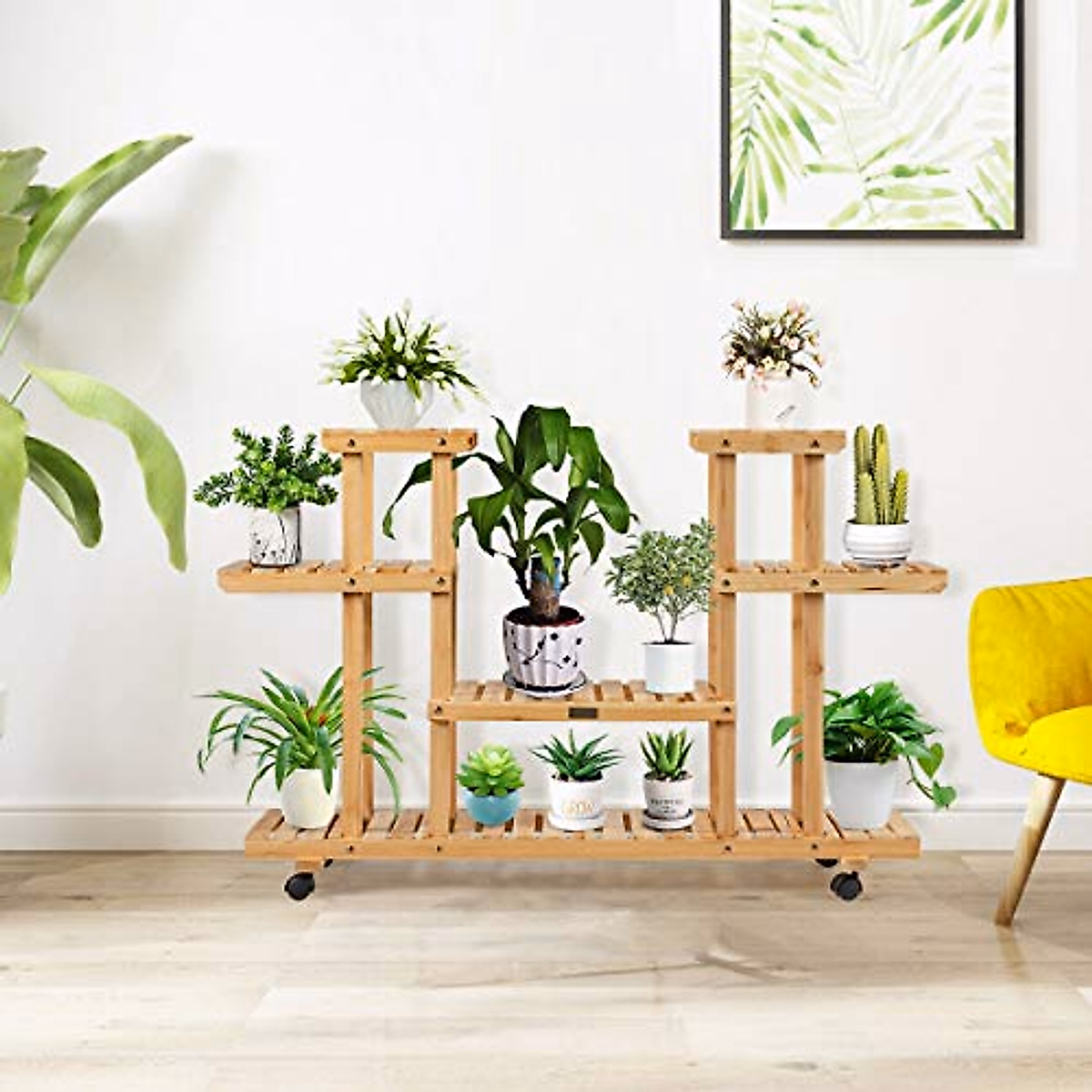 Happygrill Plant Stand Flower Display Rack Wooden Plant Shelves Bonsai Display Shelf with Wheels
