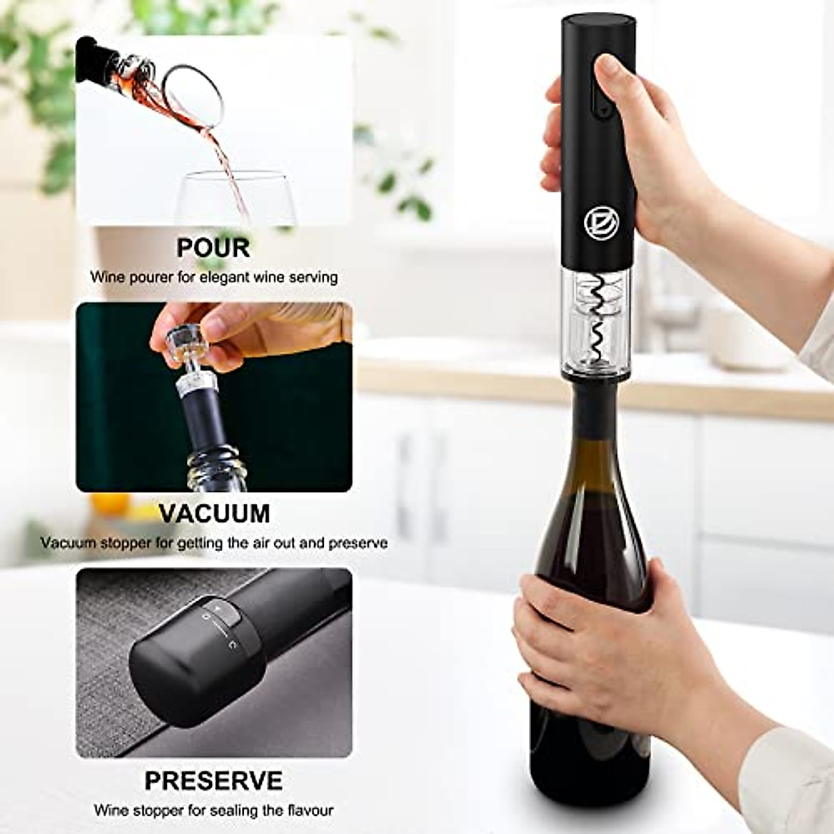 D Electric Wine Opener Automatic Battery Operated Wine Bottle Opener Set, Reusable Corkscrew Cordless Remover 5 Pcs Kit with Wine Pourer, Foil Cutter Wine Stopper for Wine Lovers Housewarming Gifts