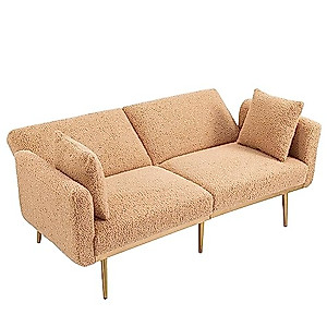 Eafurn Sherpa Teddy Futon Sofa Bed, Modern Boucle Upholstered Comfy Loveseat Couch Sleeper Sofabed with Golden Metal Legs and Throw Pillows, Small Folding Sofa&Couch for Home Office, Camel 65.35"