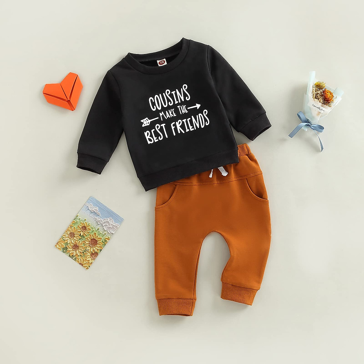 Kuriozud Fall Baby Boy Outfits Cousins Long Sleeve Crew Neck Sweatshirt Pullover Top+Solid Drawstring Pants Set (Black Brown, 3-6 Months)