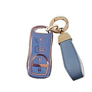 SANRILY TPU Golden-Edge 4 Button Smart Key Fob Cover Case for Nissan Sentra Altima Xterra Maxima 350Z,for Infiniti QX56 G35 i35 Keyless Key Holder with Bling Leather Keychain Blue