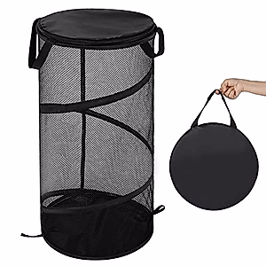 BATTOO Large Collapsible Laundry Basket with Lid Foldable Mesh Pop Up Hamper with Handles for Laundry Room, Bathroom, Kids Room, College Dorm, Travel, Storage Organizer Black
