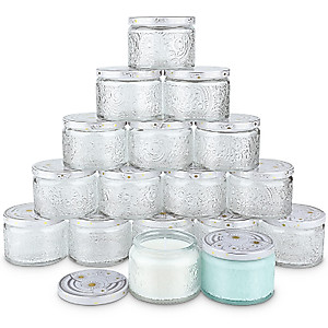 Art Secret 4oz Sun Moon Stars Embossed Glass Candle Container with Lid and Labels (Pack of 18, Clear)