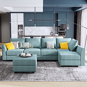 HONBAY Convertible Sectional Sofa with Ottman Set Modular Sectional Couch with Reversible Chaise L Shaped Modular Sofa with Storage Seats for Living Room, Aqua Blue