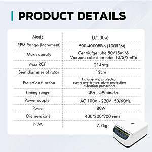 LAB FISH Laboratory Centrifuge Machine 2ml/5ml/10ml/15ml/50ml Lab Test Tubes | Low Speed Control 500-4000r/min,Max 2146xg | Store 9 Programs W/Timer 30sec-99min