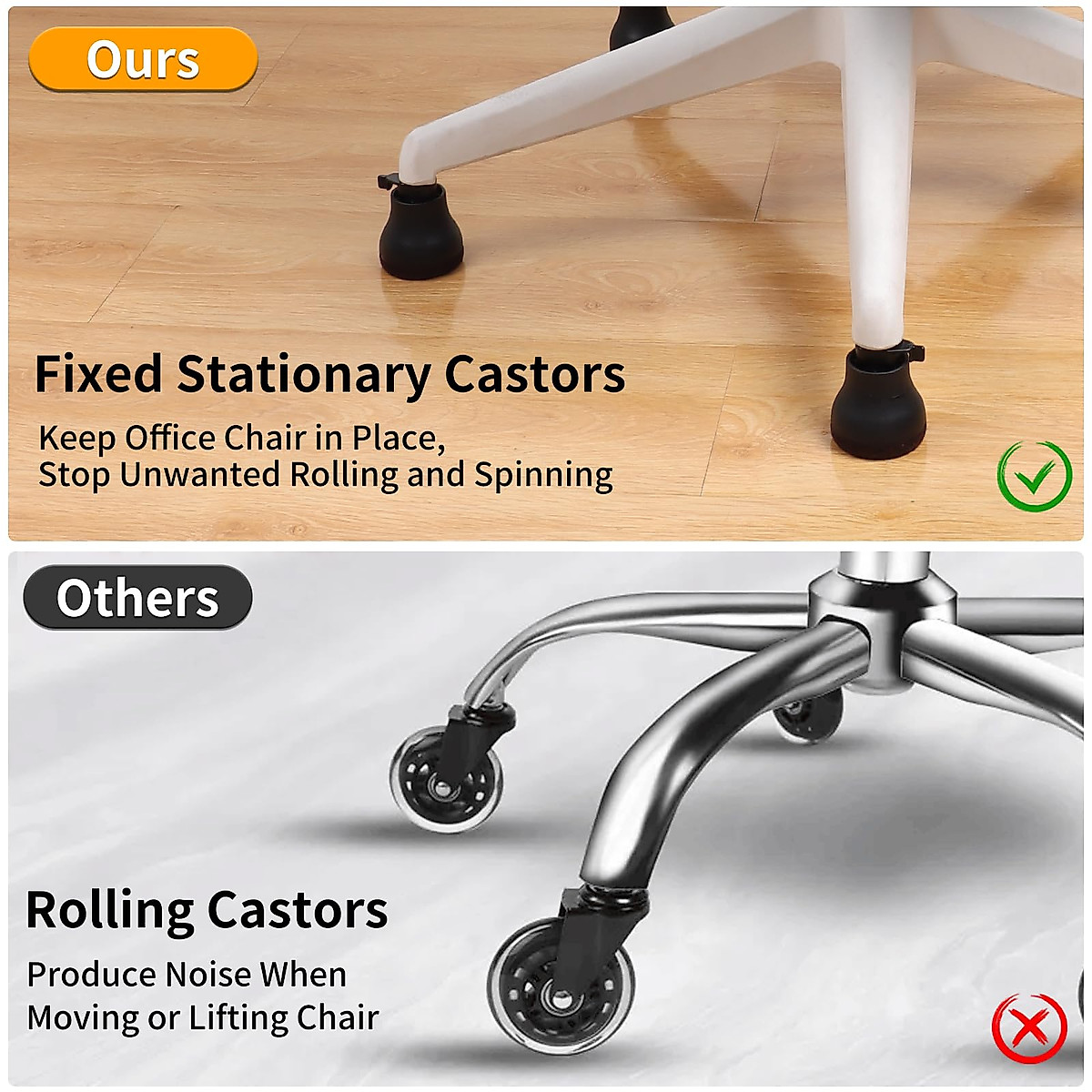 Bell Glides Replacement Office Chair Wheels- Chair Desk Swivel Caster Wheels to Fixed Stationary Castors for Hardwood Floors, Easy Switch Between Wheel Glide and Stopper, On/Off Setting, Set of 5