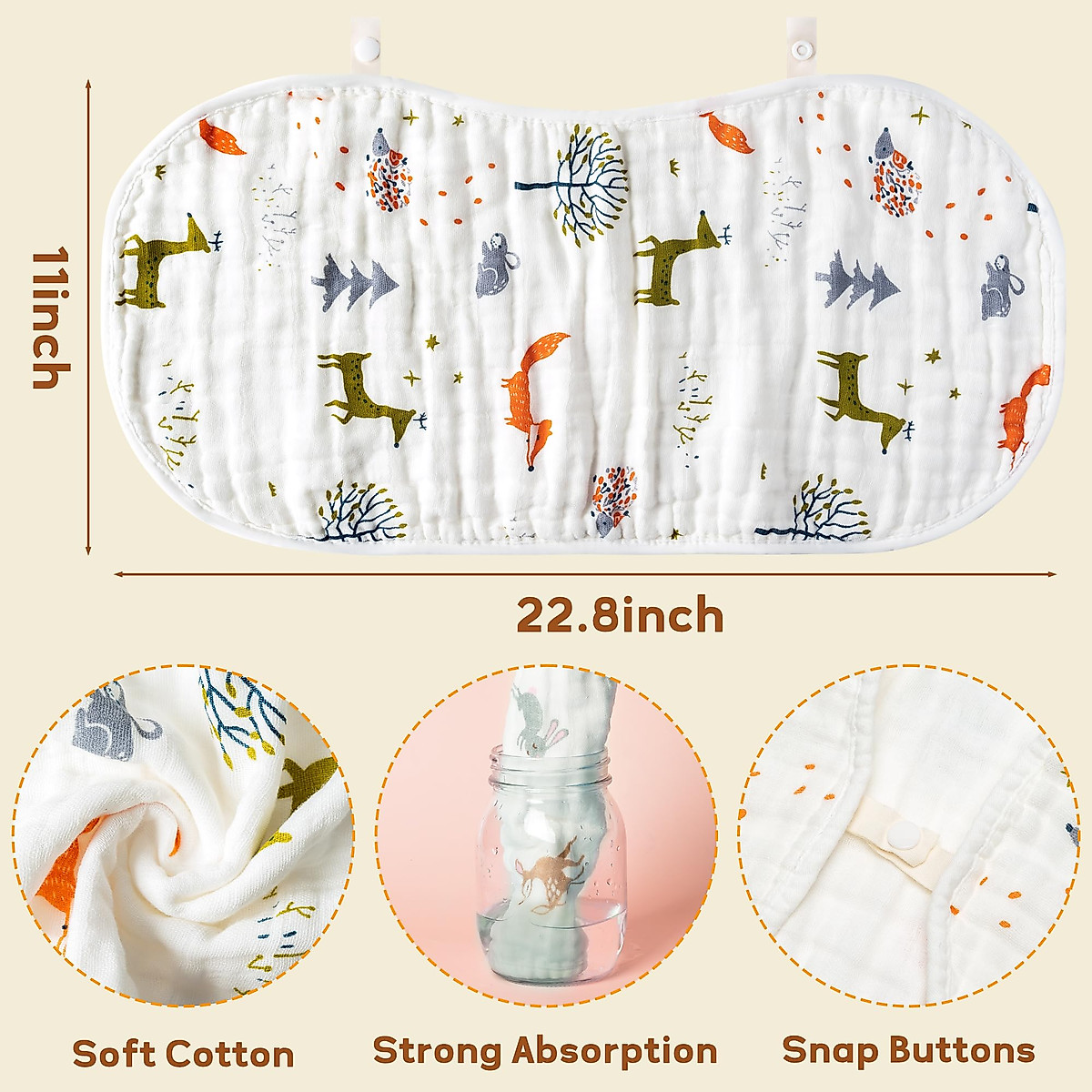Zainpe 6Pcs Snap Cotton Muslin Baby Burp Cloths & Bibs Set Owl Fox Deer Soft Absorbent Drooling Bibs Adjustable Face Towels for Unisex Infant Newborn Toddler Boys Girls Feeding Teething Eating